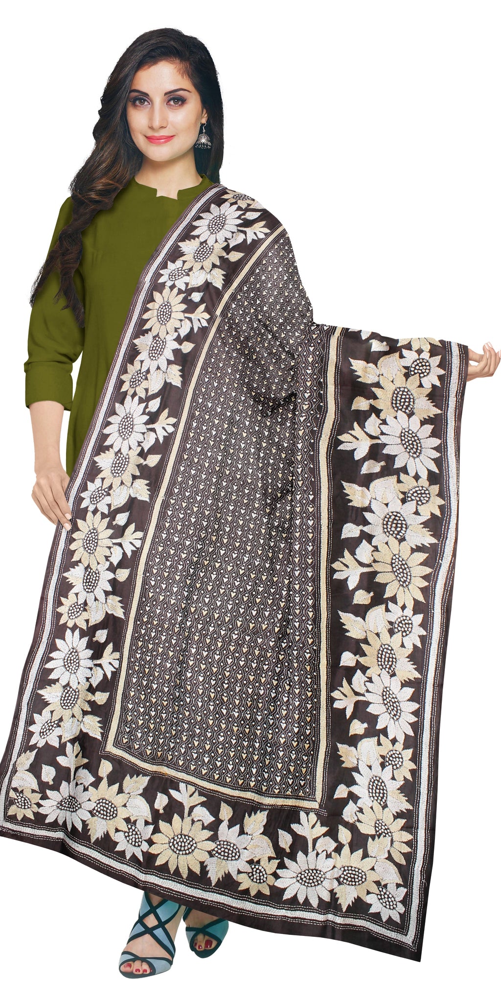 Black Pure Silk Kantha Dupatta with Floral Motifs – Parinita Sarees and ...