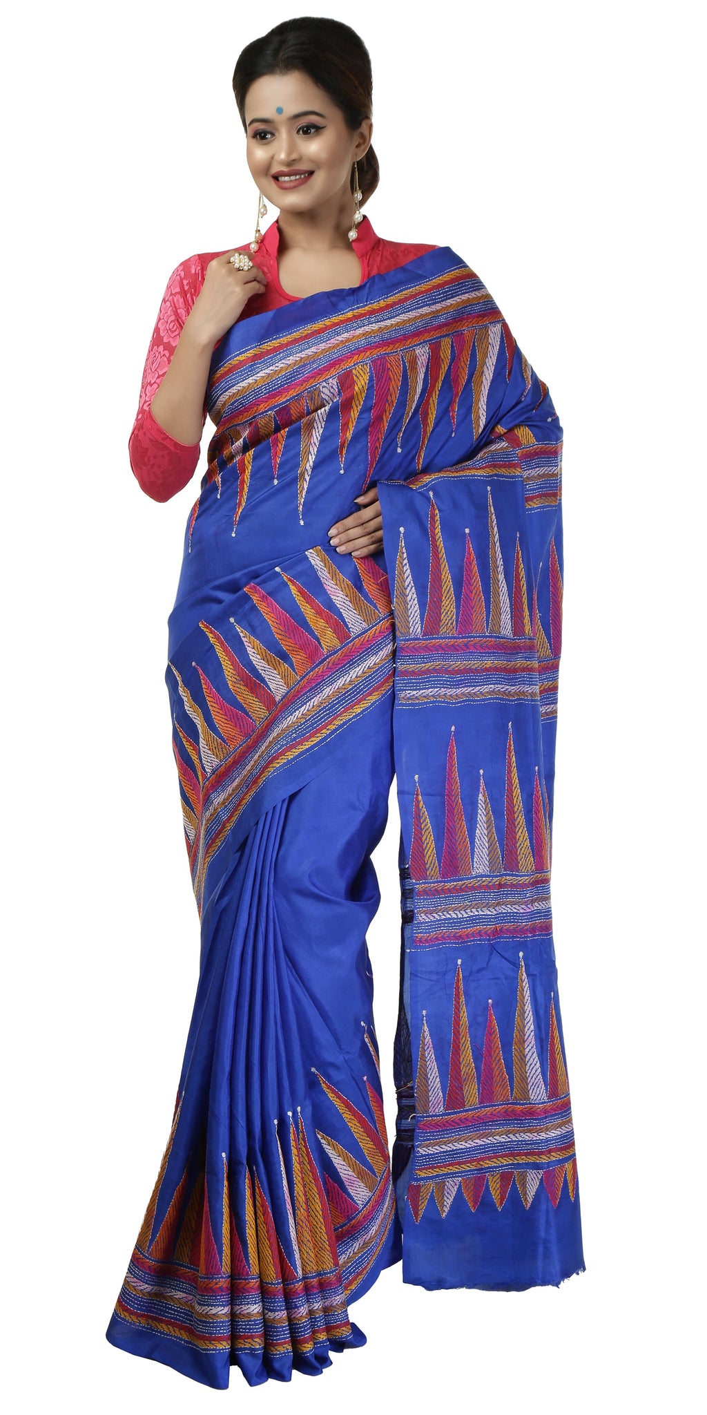 Blue Pure Silk Kantha Saree with Geometric Motifs – Parinita Sarees and ...