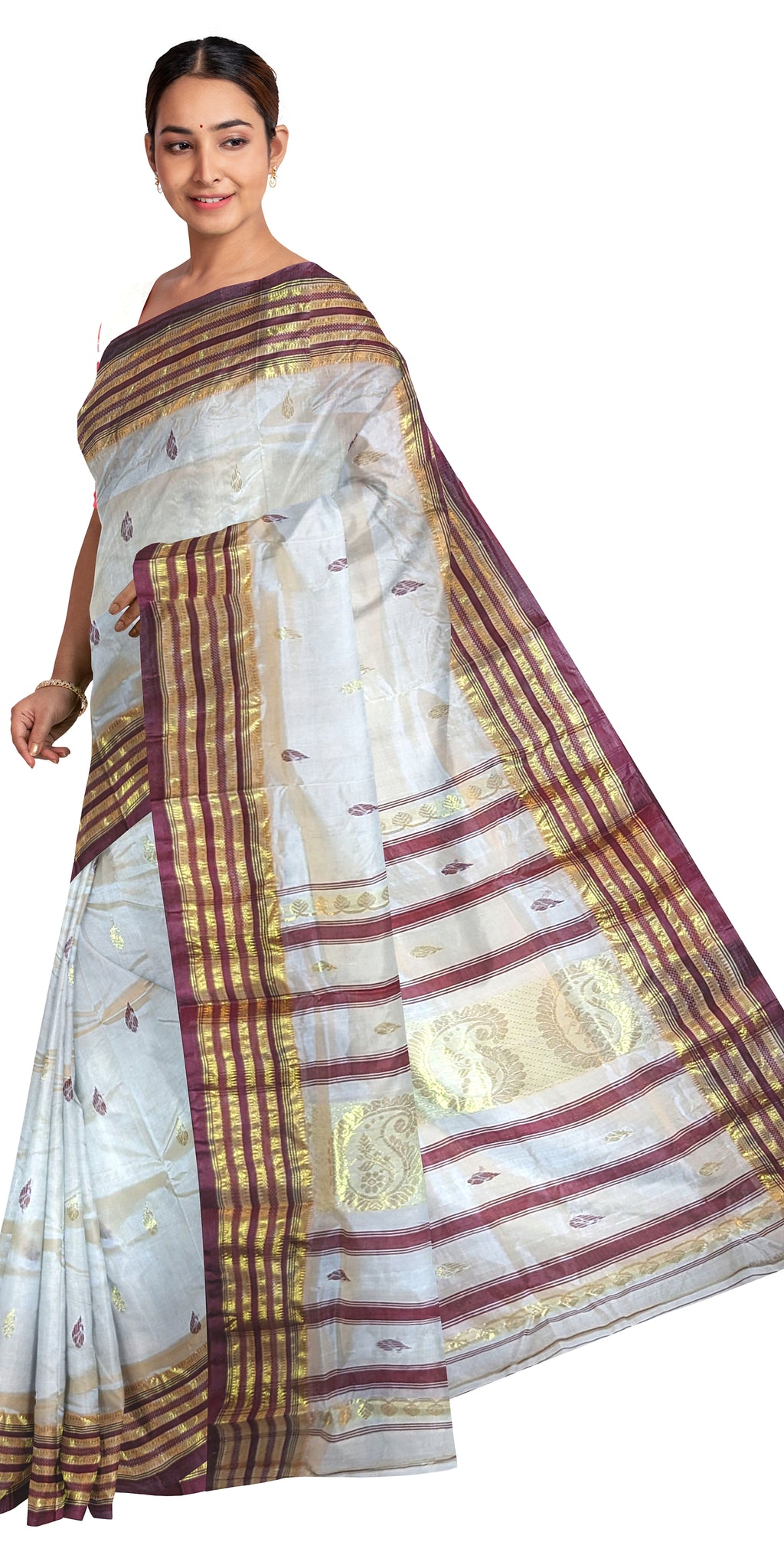Cream Pure Silk Garad Saree with Shankha Motifs – Parinita Sarees and ...
