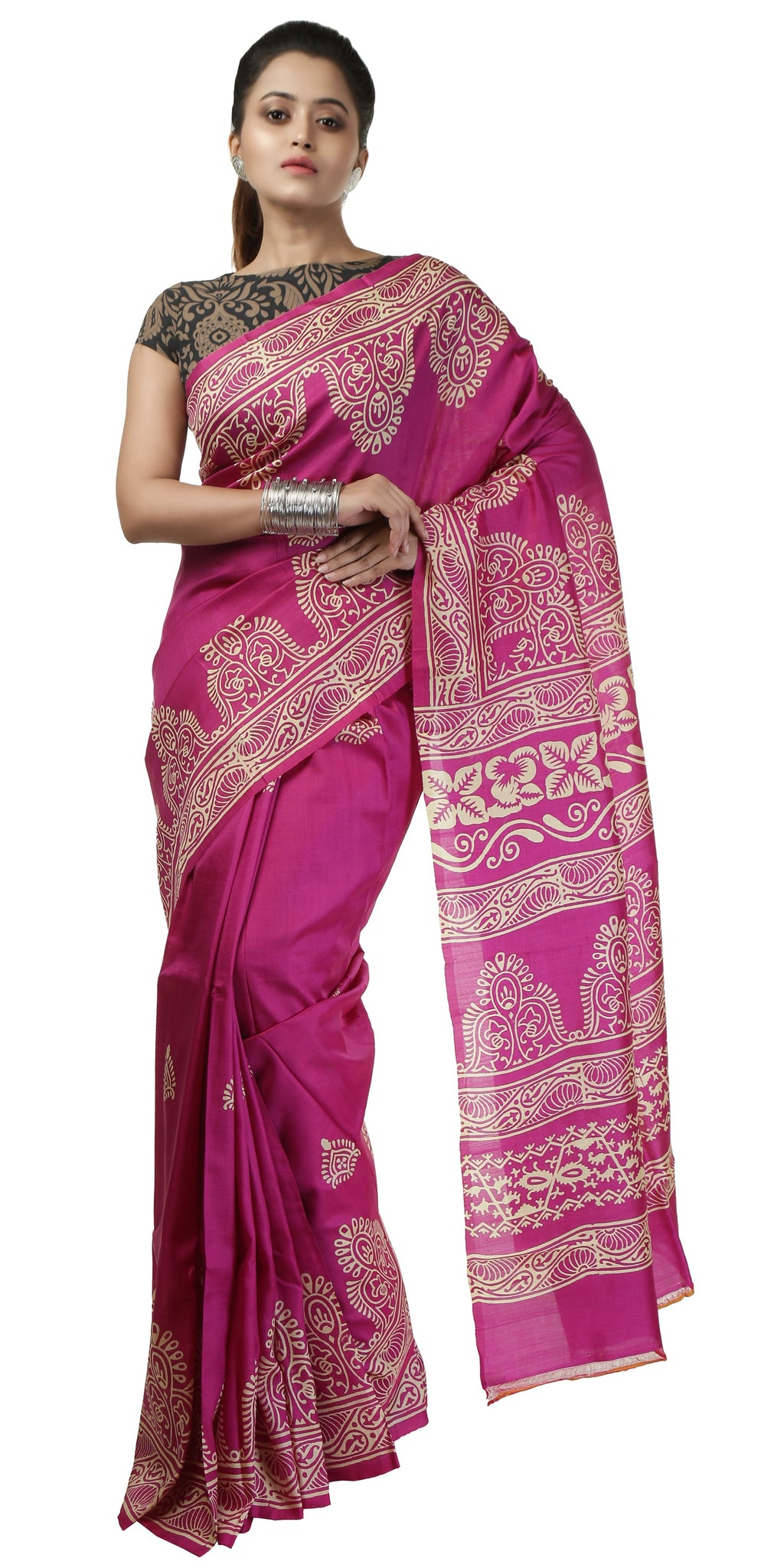 Deep Pink Bishnupuri Silk Saree with Block Prints – Parinita Sarees and ...