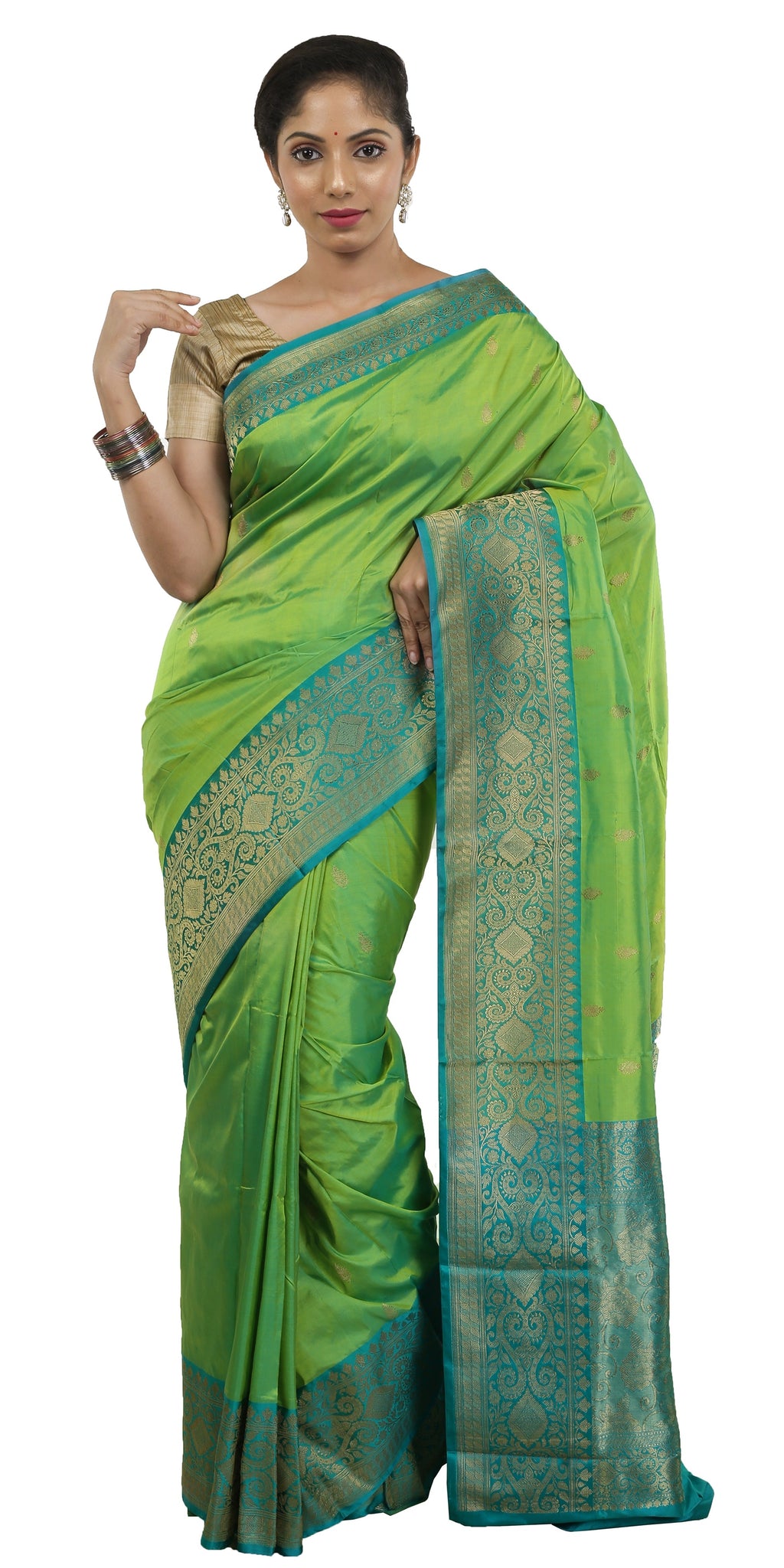 Dual Tone Green-Turquoise Banarasi Silk Saree with Turquoise Pallav ...