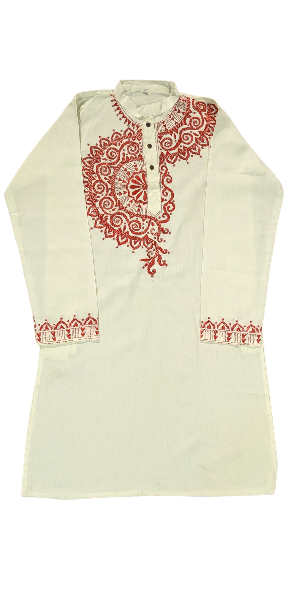 Light Cream Cotton Panjabi with Red Kantha Embroidery – Parinita Sarees ...