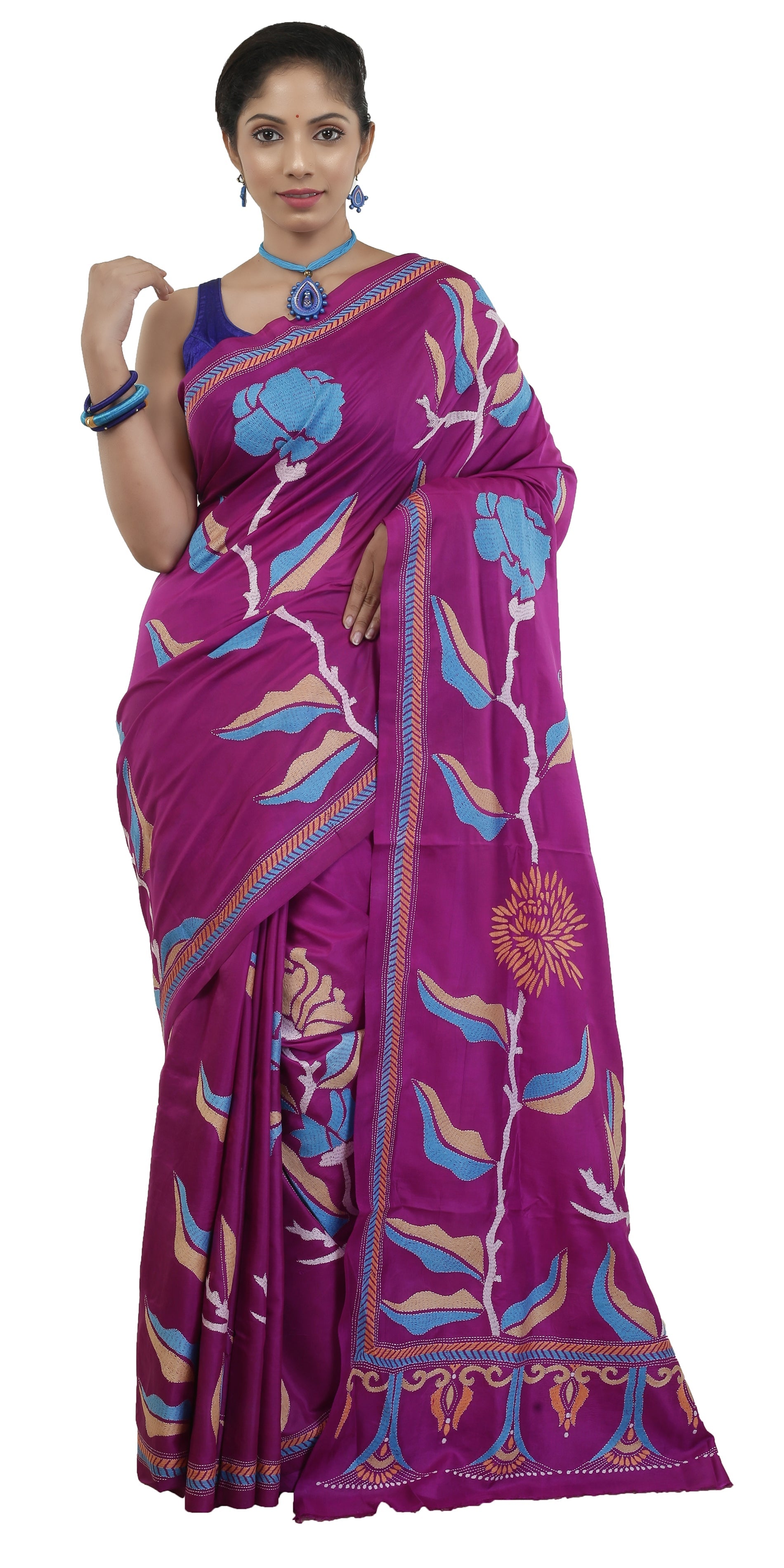 Magenta Pure Silk Kantha Saree with Floral Embroidery – Parinita Sarees ...