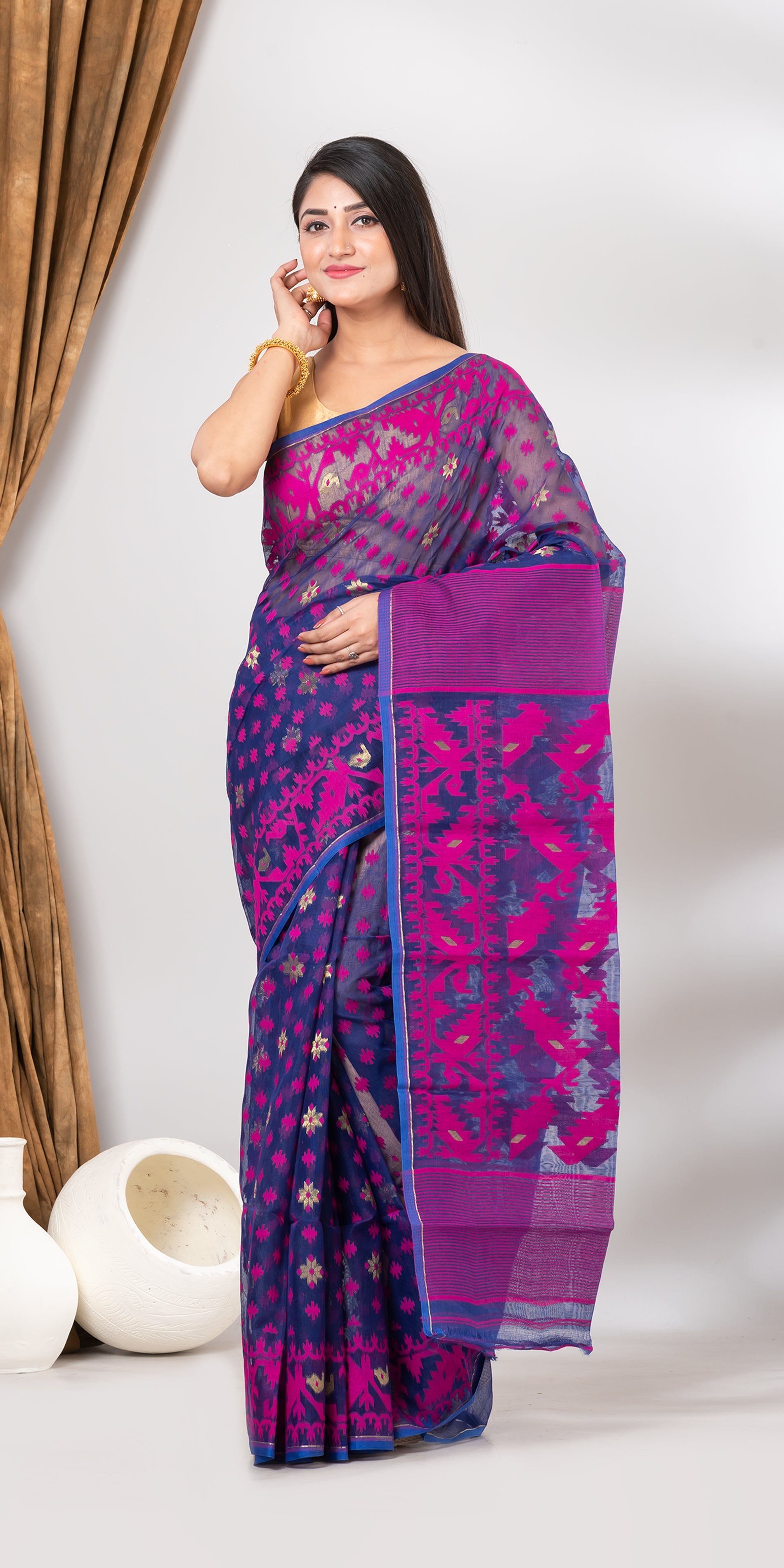 Navy Blue Dhakai Jamdani with Floral Motifs – Parinita Sarees and Fashion