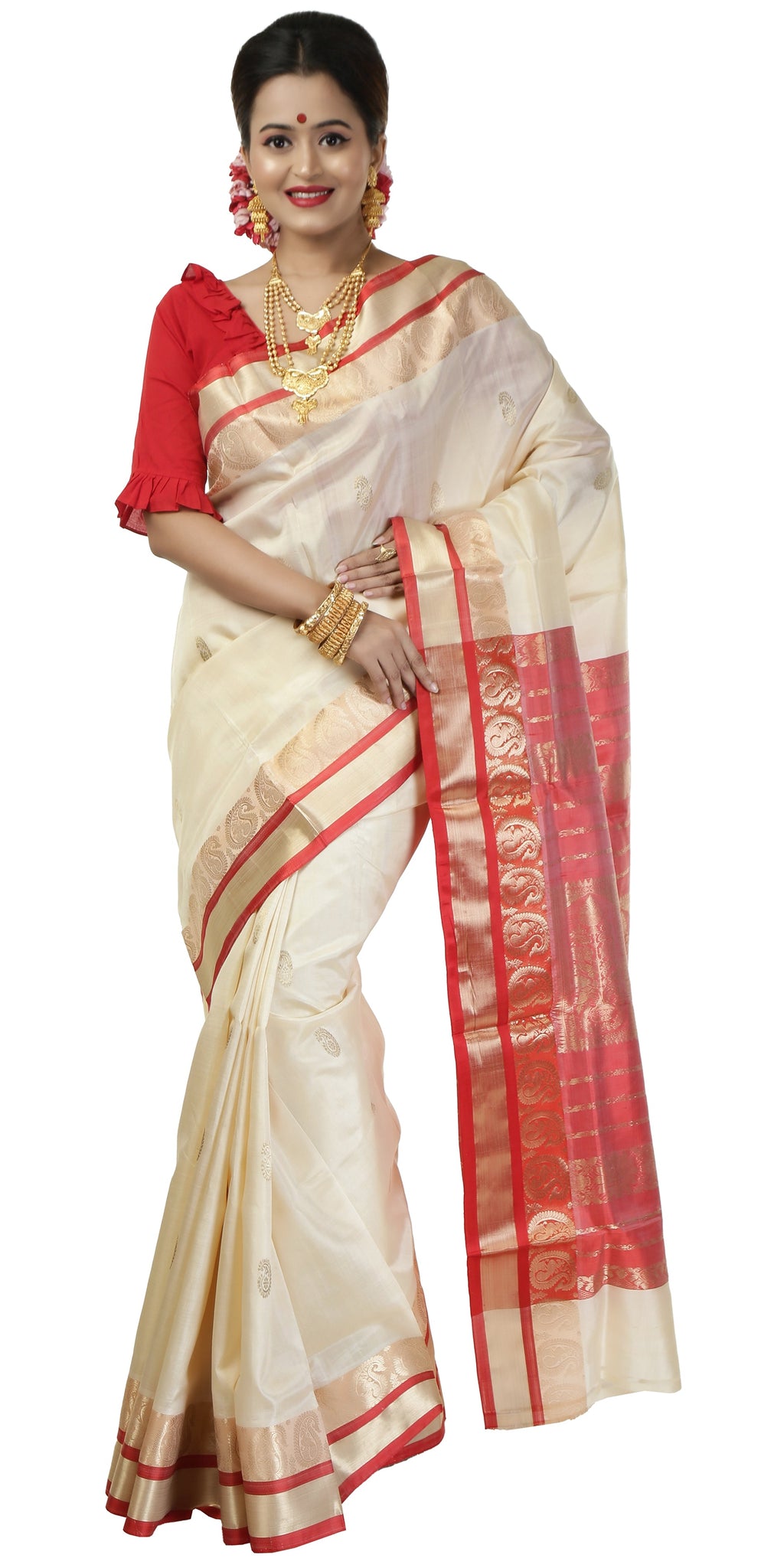 Off-white Pure Silk Garad Saree with Composite Paisley Motifs ...