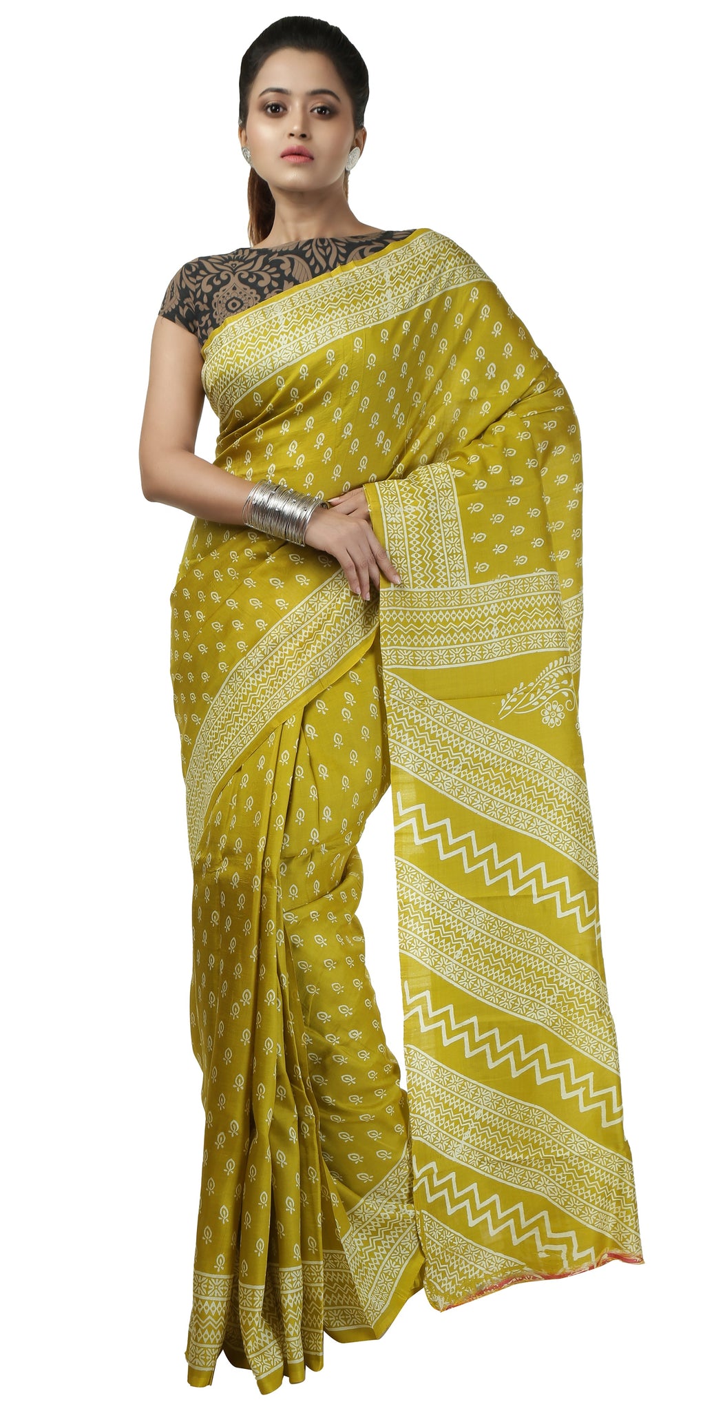 Olive Bishnupuri Silk Saree with Block Prints – Parinita Sarees and Fashion