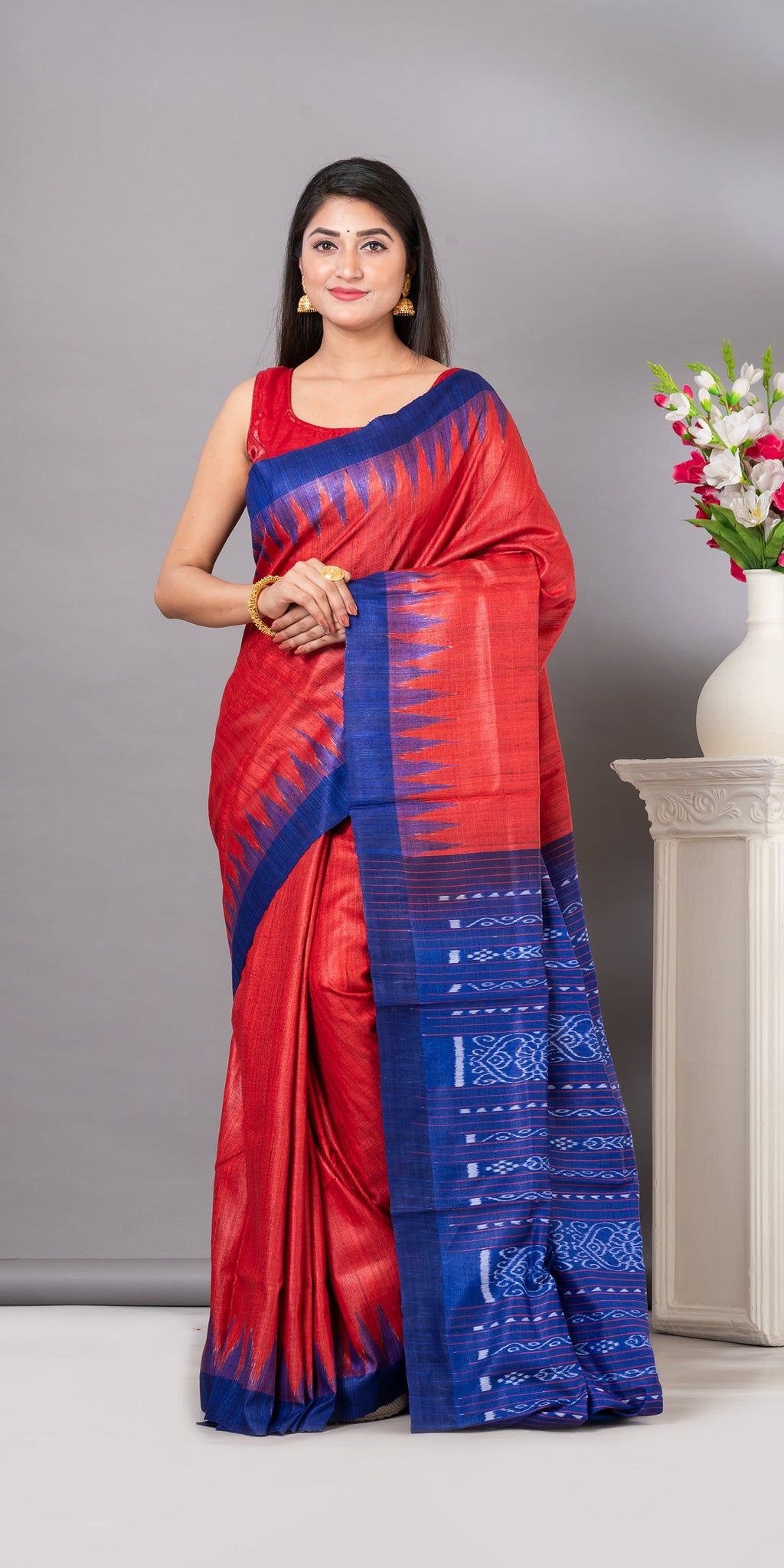 Red Gopalpur Tussar Silk Saree with Ikat Pattern – Parinita Sarees and ...