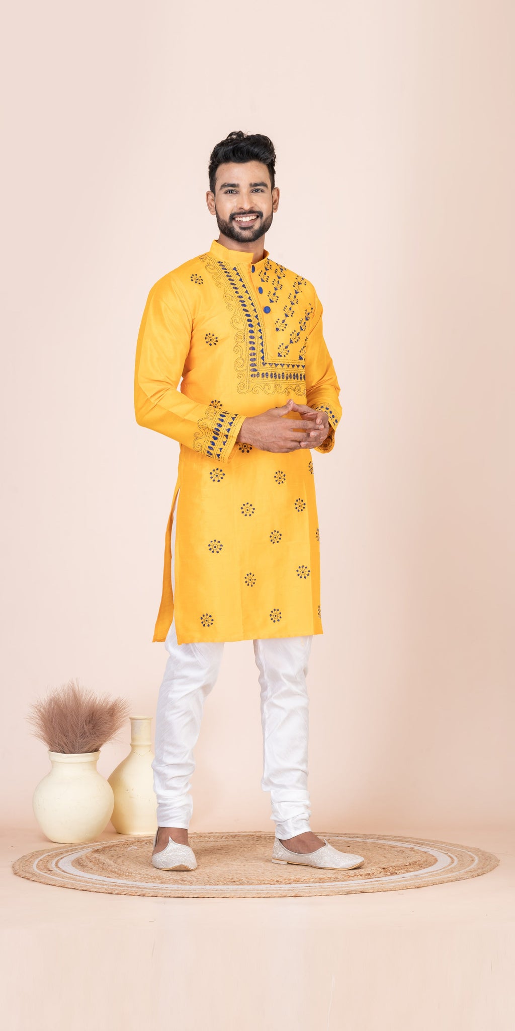 Yellow Dupion Silk Panjabi with Kantha Embroidery – Parinita Sarees and ...