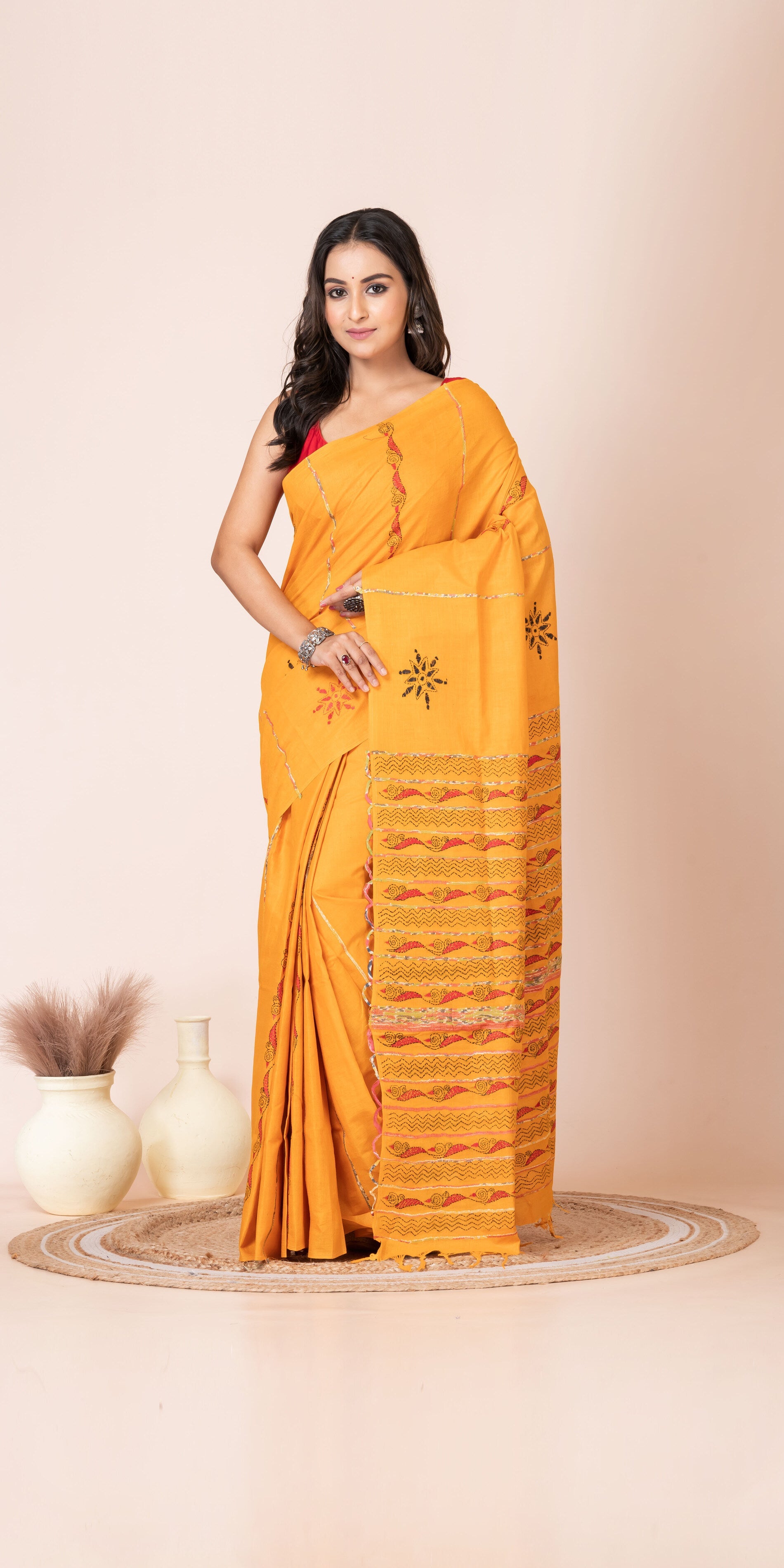 Yellow Khes Kantha Saree with Floral Patterns – Parinita Sarees and Fashion