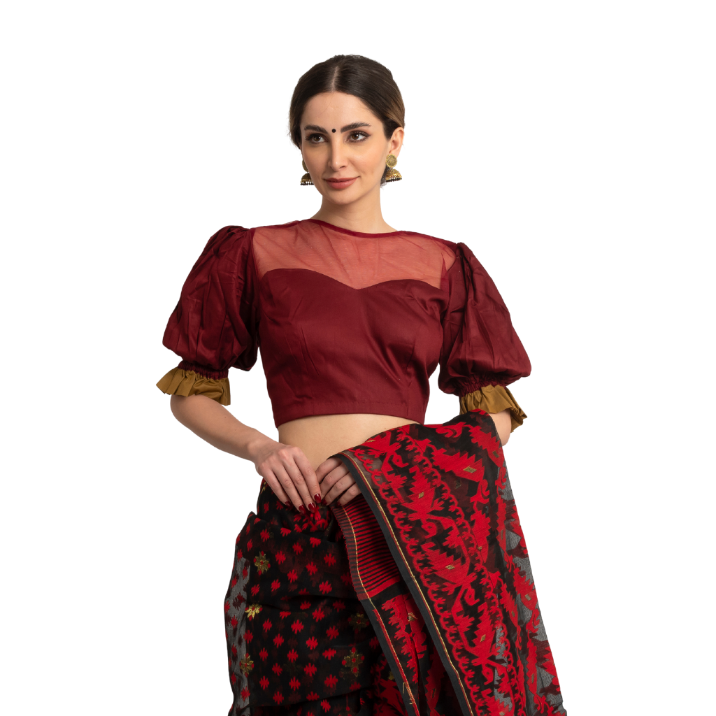 Maroon Designer Blouse with Illusion Neck – Parinita Sarees and Fashion
