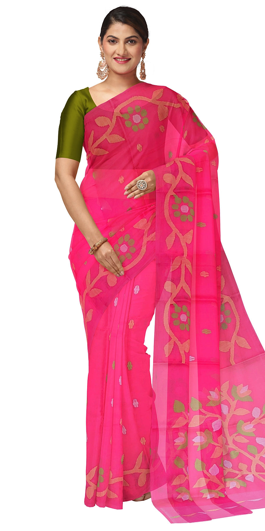 Pink Pure Muslin Saree with Floral Patterns – Parinita Sarees and Fashion